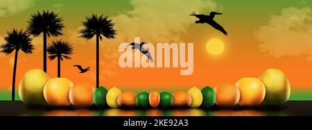 Palm trees, sunset and flying pelicans makes a 3-d illustration of a ...