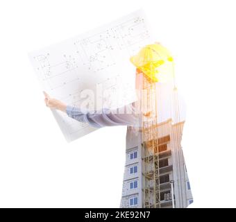 Double exposure of female engineer with drawings and unfinished ...