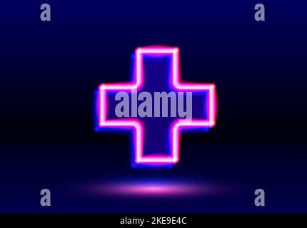 Plus neon sign in the dark room. Shiny cross emblem or icon Stock ...