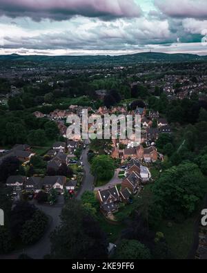 A vertical aerial of the houses on the slope of a mountain in Symi ...