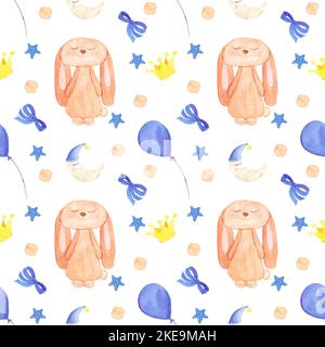 Handdrawn watercolor moon, clouds and stars seamless pattern children's ...