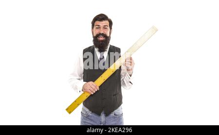 Measuring length and width. Happy school teacher hold ruler isolated on ...