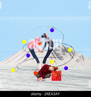 Collage with happy couple in Santa hats and warm clothes on colorful ...