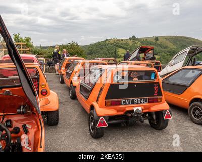 Bond Bug car meet at Monsal Head, Derbyshire, UK; car is a two seat ...