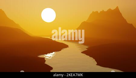 Surreal rocky landscape at sunset. 3D rendering Stock Photo - Alamy