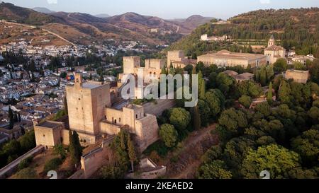 Aerial drone view of the Alhambra Palace, Granada during sunny day ...
