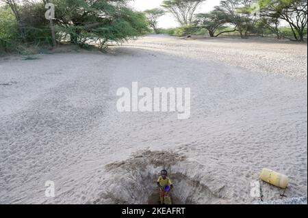 KENYA, Turkana, drought and climate change, dry river bed / KENIA ...