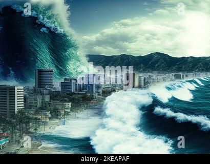 massive mega-tsunami with 100 feet waves hitting a tropical beach of a ...