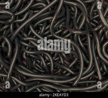 An untidy wooden bowl of black cuttlefish spaghetti on a warm cloth ...