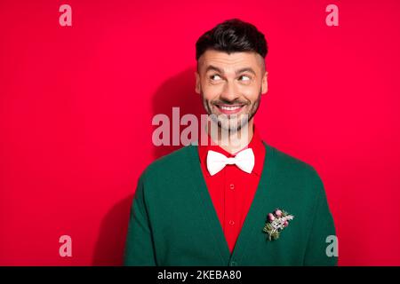 Portrait of positive elegant guy beaming smile direct fingers up empty ...