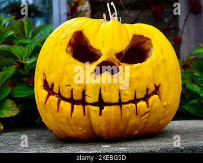 Pumpkins on show outside a house in New Mills, Derbyshire Stock Photo ...