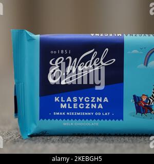 A closeup of Polish E. Wedel brand classic milk chocolate bar packed in ...