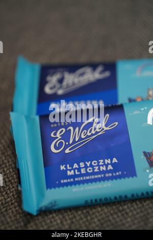 A closeup of Polish E. Wedel brand classic milk chocolate bar packed in ...