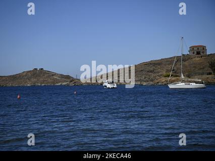 Scenic seascape on the coastline of Vourkari, a fishing village of Kea ...