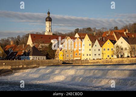 River promenade and Lech at the golden hour. Landsberg am Lech, Bavaria ...