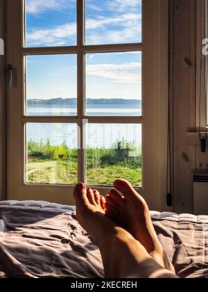 Sea view, Apenrad fjord, landscape, Varnaes, sunrise, window, Denmark ...