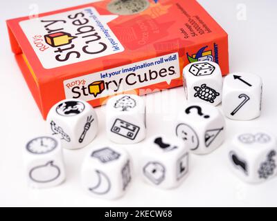 Tambov, Russian Federation - November 09, 2022 A woman palms holding 9 cubes. The box of Rory's ...