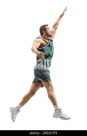 Basketball player jumping and performing blocking isolated on white ...