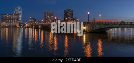 Bandai Bridge over the Shinano River in Niigata, Japan, seen at dusk ...