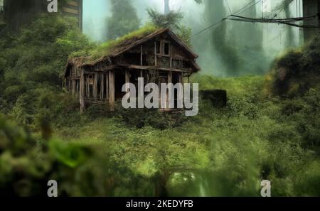abandoned and overgrown house, building in post apocalyptic landscape ...