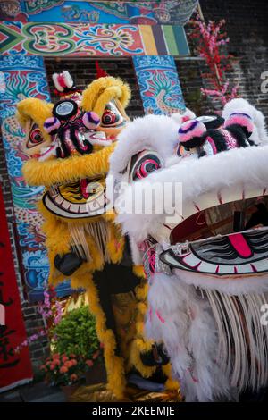 Elaborate lion dance puppets on display at the entrance to Kat Hing Wai ...