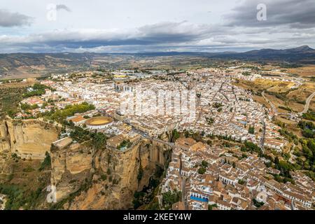 The drone aerial panoramic view of Ronda, Spain. Ronda is a town in the ...