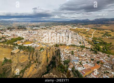 The drone aerial panoramic view of Ronda, Spain. Ronda is a town in the ...