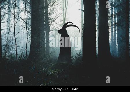 A fantasy concept of a horned god like monster. Looking across a forest ...