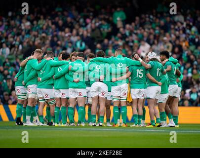 Ireland team huddle before the Autumn International match at the Aviva ...