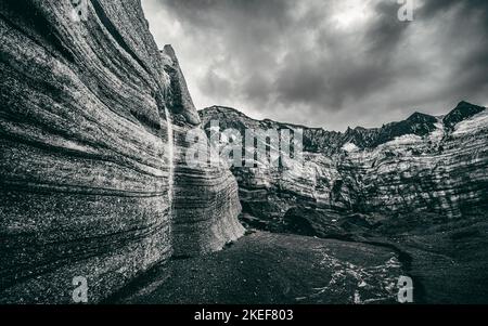 A minimalistic grayscale of the rock formations at the Katla volcano ...