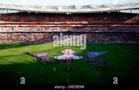 England and Samoa line up prior to the Rugby League World Cup semi ...