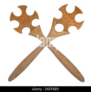 Wooden salad server fork isolated on white background. Top view of eco ...
