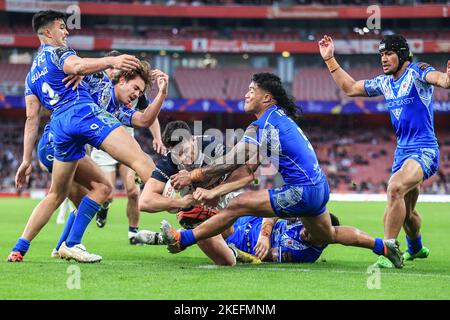 Herbie Farnworth of England goes over for a try during the Rugby League World Cup 2021 Semi ...