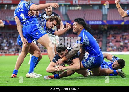 Herbie Farnworth of England goes over for a try during the Rugby League World Cup 2021 Semi ...