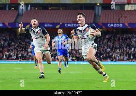 Herbie Farnworth of England goes over for a try during the Rugby League World Cup 2021 Semi ...