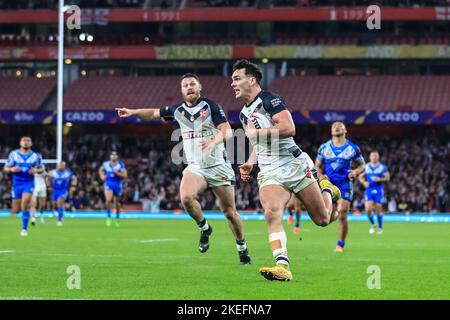 Herbie Farnworth of England goes over for a try during the Rugby League World Cup 2021 Semi ...