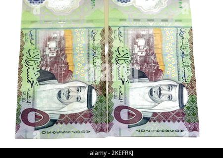 Obverse side of the new polymer 5 SAR five Saudi Arabia riyals cash ...