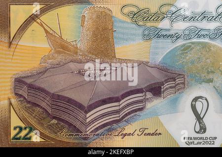 Close up of new Qatar 22 Riyals notes to commemorate the FIFA World Cup ...
