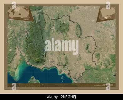 Kampot, province of Cambodia. Low resolution satellite map. Locations ...