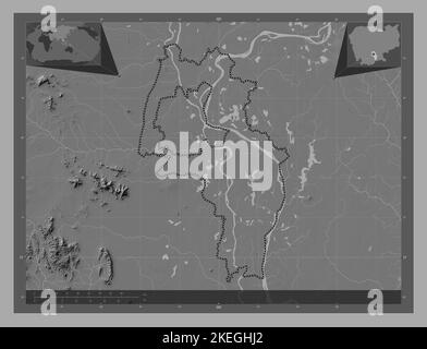 Kandal, province of Cambodia. Elevation map colored in sepia tones with lakes and rivers ...