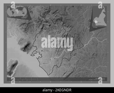 Littoral, region of Cameroon. Grayscale elevation map with lakes and ...