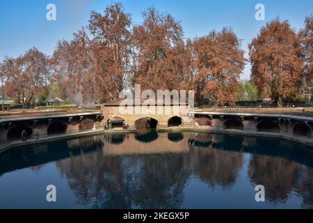 Verinag, India. 12th Nov, 2022. Visitors walk inside the garden on an ...