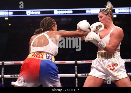 Natasha Jones (left) in action against Marie-Eve Dicaire in the IBF ...