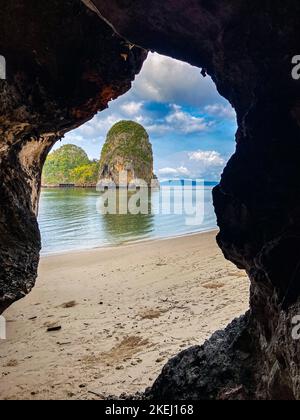 Aerial view of Phra nang Cave or princess Cave Beach in Krabi, Thailand ...