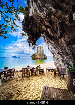 Aerial view of Phra nang Cave or princess Cave Beach in Krabi, Thailand ...