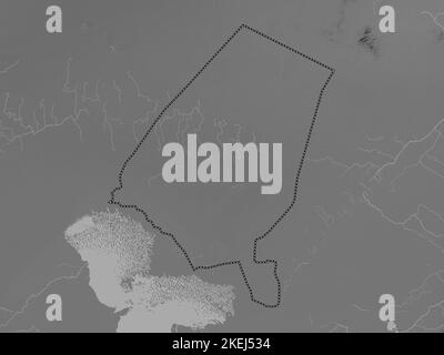 Kanem, region of Chad. Grayscale elevation map with lakes and rivers. Locations and names of ...