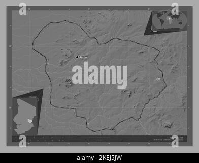 Ouaddai, region of Chad. Bilevel elevation map with lakes and rivers. Corner auxiliary location ...