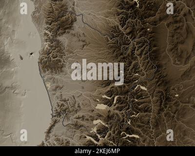 Araucania, region of Chile. Elevation map colored in sepia tones with ...