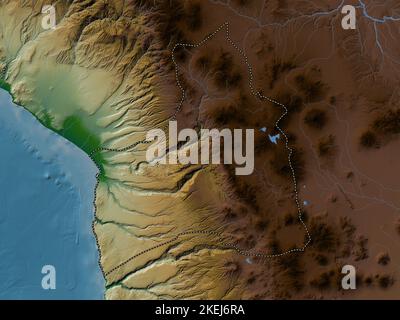 Arica y Parinacota, region of Chile. Colored elevation map with lakes ...