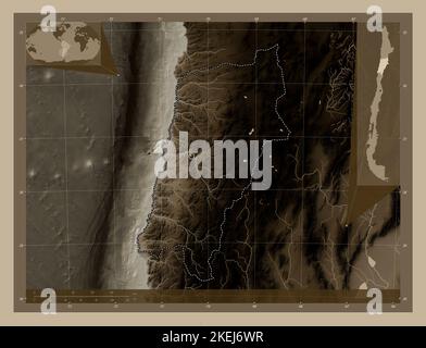 Atacama, region of Chile. Colored elevation map with lakes and rivers ...